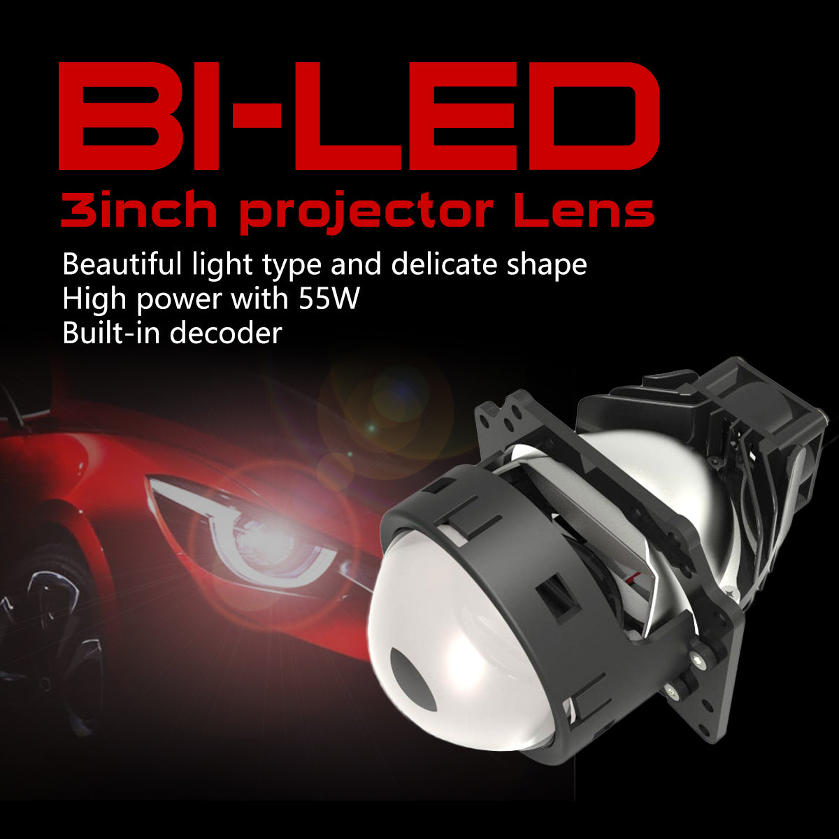55W 3 inch Bi Led Projector Lens high low beam conversion kit for car ...